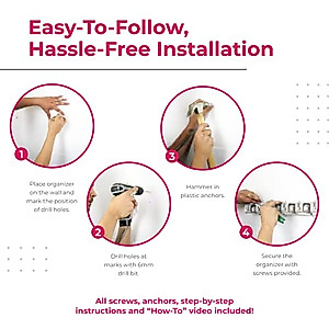 Berry Ave Broom Holder Wall Mount and Garden Tool Organizer, Closet Storage, Kitchen Rack, Home Organization and Garage Organizer for Rake or Mop Handles Up to 1.25-Inches, Hanger Plus 6 Hooks (Grey)