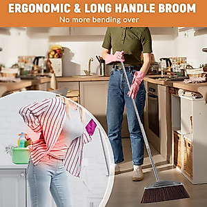 VOOWO Broom with Dustpan Combo Set, 46" Stainless Steel Broom and Dustpan Set for Home, Heavy Duty Dust Pan with Long Handle, Broom for Sweeping Indoor and Outdoor, Kitchen Broom and Dust Pan (Brown)