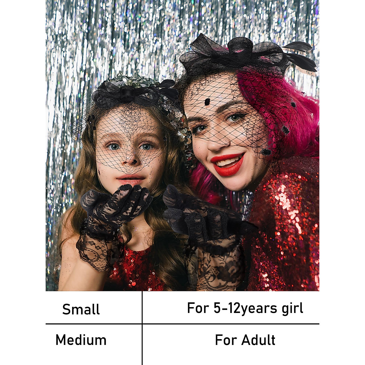 Boao Bowknot Fascinator Hat Tea Party Hat Feathers Veil Mesh Headband and Short Lace Gloves Floral Lace Gloves(Black, Adult)