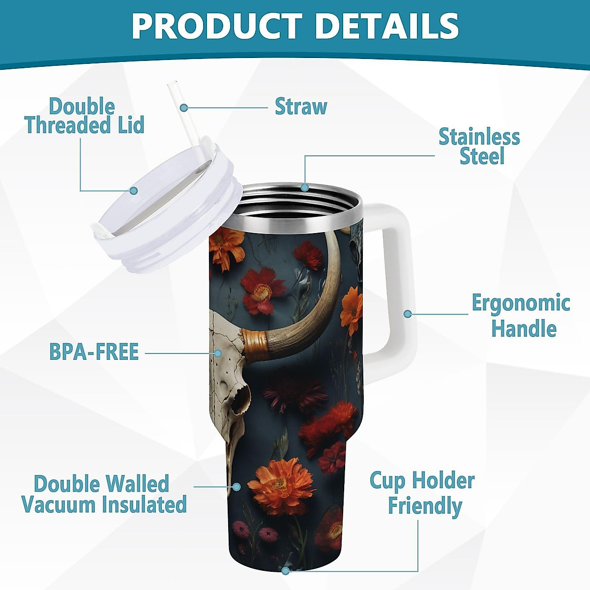 ARGTILDN 40 oz Tumbler Bull Skull Orange Flowers Insulated Travel Mug with Handle and Straw Lid Stainless Steel Vacuum Coffee Cup Tea Beverage Container Water Bottles for Car Sports office