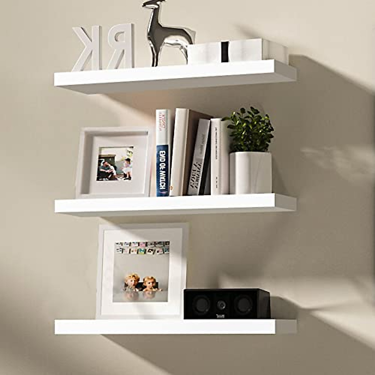 NOKAMW White Floating Wall Shelves,Wall Mounted Display Shelf,Home Decor Wall Storage Shelves Set of 3,Shelf for Wall with Invisible Brackets,Wall Display Rack for Kitchen Office Living Room,3 Pack