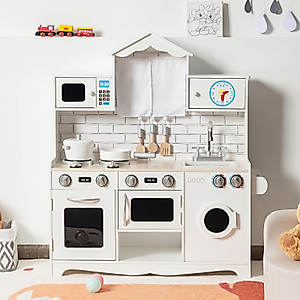 HONEY JOY Kids Kitchen Playset, 31 Inch Rooftop Wooden Play Kitchen for Toddlers, Microwave, Clock, Washing Machine, Cookware, Little Chef Pretend Play Toy Kitchen Set, Gift for Boys Girls, White