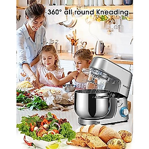 KUCCU Stand Mixer, 8.5 Qt 660W, 6-Speed Tilt-Head Food Dough Mixer, Electric Kitchen Mixer with Dough Hook, Flat Beater & Wire Whisk, Mixing Bowl (8.5-QT, Silver)