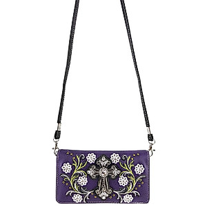 Zelris Western Cross Daisy Flower Women Crossbody Wrist Trifold Wallet (Purple Violet)