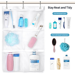 F-color Shower Organizer for Cruise Ship Essentials - with 3 Adhesive Hooks and 3 Metal Loop Hangers, Quick Dry Mesh Shower Caddy Hanging, 7 Pockets Bathroom Bag Tote for Shampoo, Soap, White