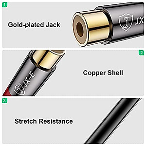 JX-E 2 RCA Extension Cable, Copper Shell 2 RCA Male to 2 RCA Female Stereo Audio Extension Cable, 3 Feet