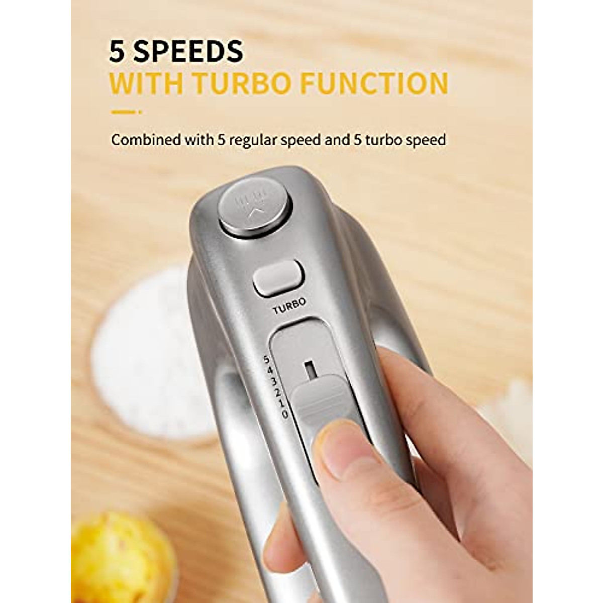 SHARDOR Hand Mixer, 350W Handheld Mixer with Storage Case 5-Speed Plus Turbo Hand Mixer Electric With 5 Stainless Steel Attachments(2 Beaters, 2 Dough Hooks and 1 Whisk), Silver