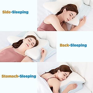 Cool Cervical Neck Pillow for Pain Relief, Ergonomic Contour Side Sleeper Pillow for Adults, Orthopedic Memory Foam Back Stomach Sleepers, 2 in 1 Stomach Sleeping Blue