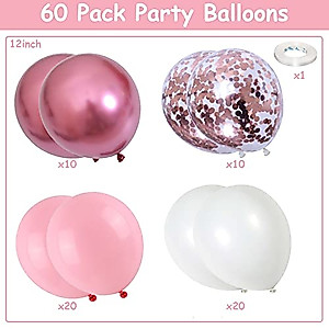 60PCS Pink and White Balloons, 12Inch Baby Light Pink White Party Balloon Set with Metallic Red Balloons, Rose Gold Confetti Helium Latex Balloons for Girls Birthday Baby Shower Wedding Decorations