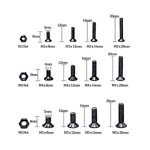Hilitchi 460-Pcs M3 M4 M5 Hex Socket Flat Head Countersunk Bolts Screw Nut Assortment Kit - 10.9 Grade Alloy Steel