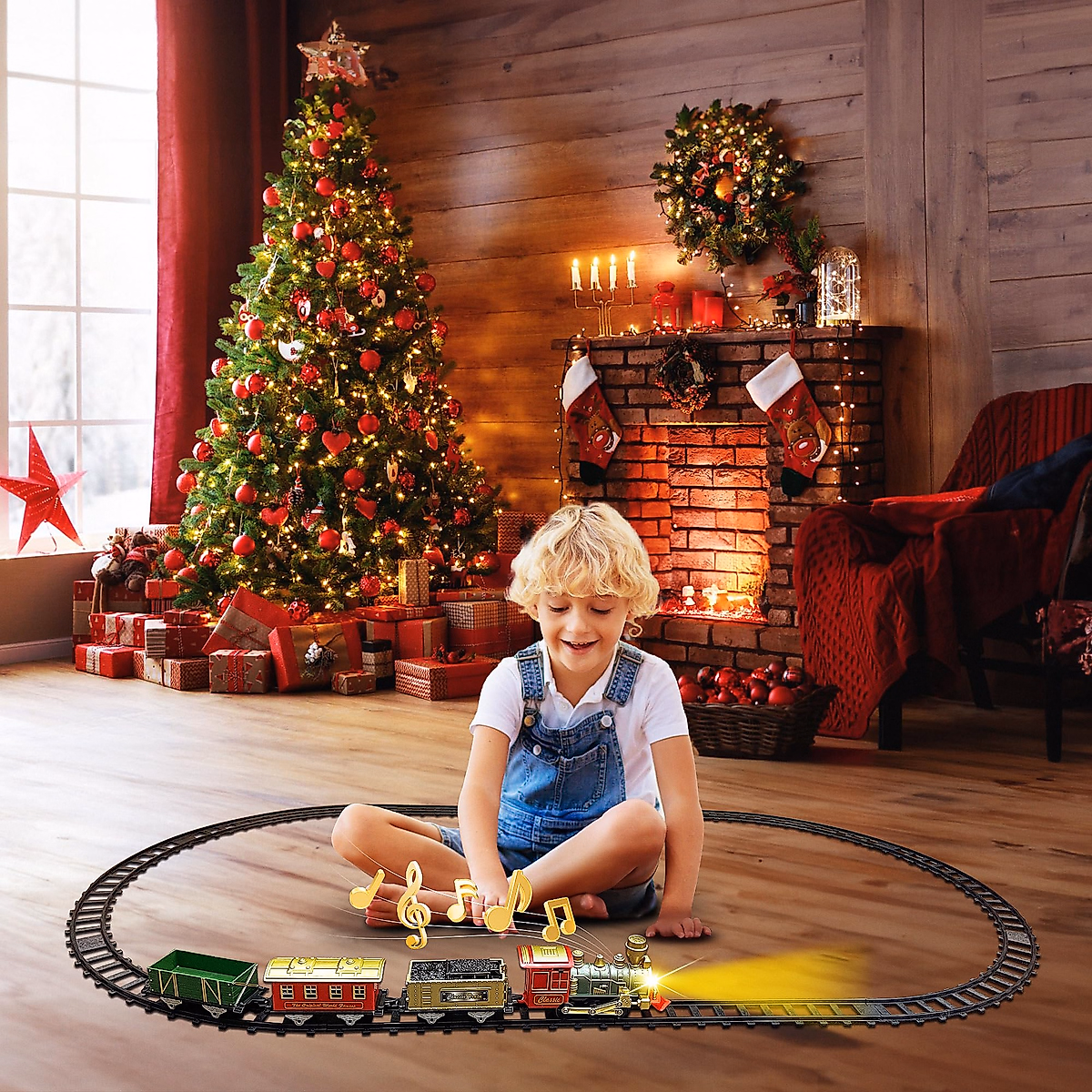 Train Set - Christmas Train Toys, Battery-Powered Locomotive Engine with Sound and Lights, Cargo Cars & 10 Tracks, Toy Train Sets for Boys Age 3 4 5 6