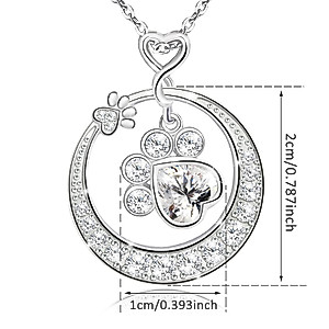 Paw Print Necklace for Women Girls - Sterling Silver Puppy Dog Cat Pet Paw Print Circle Pendant Necklace Cubic Zirconia Dainty Cute Adjustable Charm Necklace Birthday Gifts for Women Teens,15.7"+3.9"