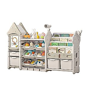 UNICOO - Kids Toy Storage Organizer and Children Bookshelf, with 14 Bins, Pull-Out Drawers Multipurpose Shelf for Toddlers to Organize Toys and Books (Magic Castle – White)