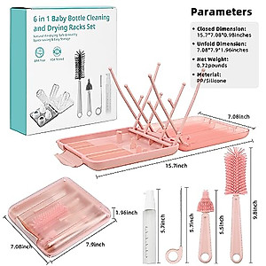Maclined Travel Baby Bottle Cleaner Set with Drying Rack Extendbale Protable Silicone Bottle Brush, Nipple Cleaner Brush,Straw Brush Compact Size Baby Essential for Newborn & Moms