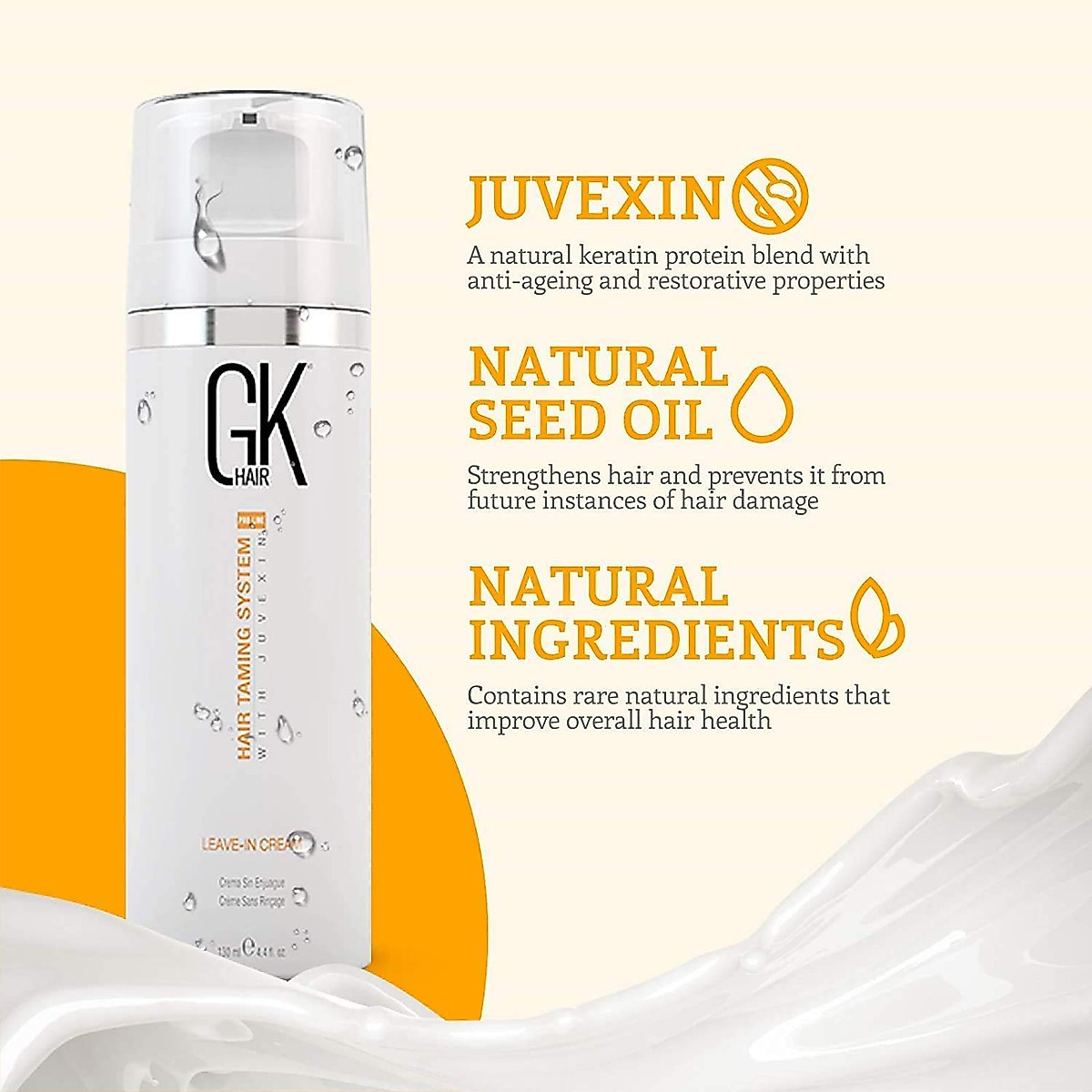 GK HAIR Global Keratin Leave In Conditioner Cream (4.4 Fl Oz/130ml) Conditioning Hydrating Smoothing Moisturizing & Frizz Control For Dry Damaged Hair Taming before Swimming or Exercise