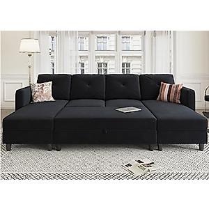HONBAY Sleeper Sectional Sofa Set Velvet U Shaped Couch with Storage Ottoman 4-Seat Sectional Sofa Set for Living Room, Black