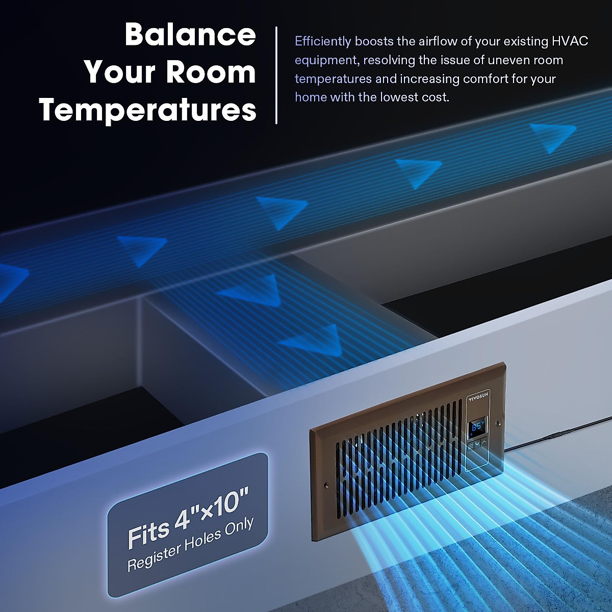VIVOSUN Quiet Register Booster Fan 4”×10”, Smart Register Vent with Intelligent Thermostat Control, Cooling Heating AC Vent Booster Fan, Brown