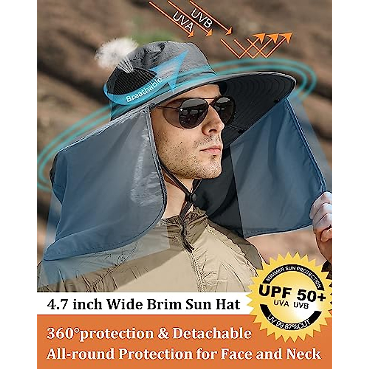 Fishing-Sun Hat Men UV-Protection Neck-Flap - Bucket Hat with Removable Face Cover & Neck Flap Wide Brim UPF 50+ Hiking Hat for Men and Women,Grey