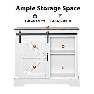 HOMFAMILIA 28" H Farmhouse Coffee Bar Cabinet w/Storage, White Kitchen Sideboard Buffet Cabinet with Sliding Barn Door, Rustic Accent Console with Adjustable Shelves, for Kitchen, Living Room