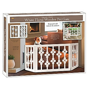 Etna White Floral Wooden Pet Gate - Freestanding Foldable Adjustable 3-Section Dog Gate. Extra Wide, Keeps Pets Safe Indoors/Outdoors - Fully Assembled