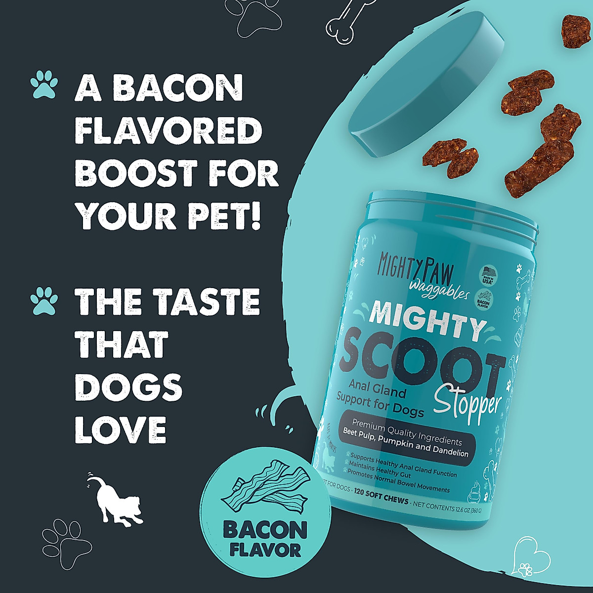 Mighty Paw Waggables Mighty Scoot (Made in USA) | Dog Digestive Support Anal Gland Chews. Dog Anal Gland Scoot for Dogs. Beet Pulp & Pumpkin Dog Fiber Supplements. Pet Bowel Gut Health (120 Count)