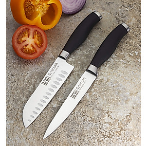 Taylors Eye Witness Syracuse Asian Kitchen Knife Set - Chefs Santoku 13cm/5” & Cooks All Purpose 13cm/5” Cutting Edge, Multi Use. Ultra Fine, Razor Sharp Blade. Soft Textured Grip Matte Black Handle.