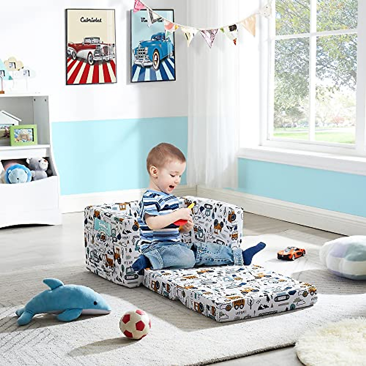 Ulax furniture Kids Sofa Couch, Children Flip-Out Chair 2-in-1 Toddler Chairs Convertible Sofa to Lounger, Children Furniture for Playroom