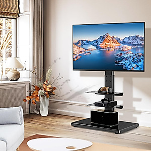 YOMT Floor TV Stand with Sturdy Wood Base, Tall Universal TV Stand with Mount for Most 32-75 inch TVs up to 110 lbs, Height Adjustable TV Stand with Swivel, TV Mount Stand with Media Shelves, Black