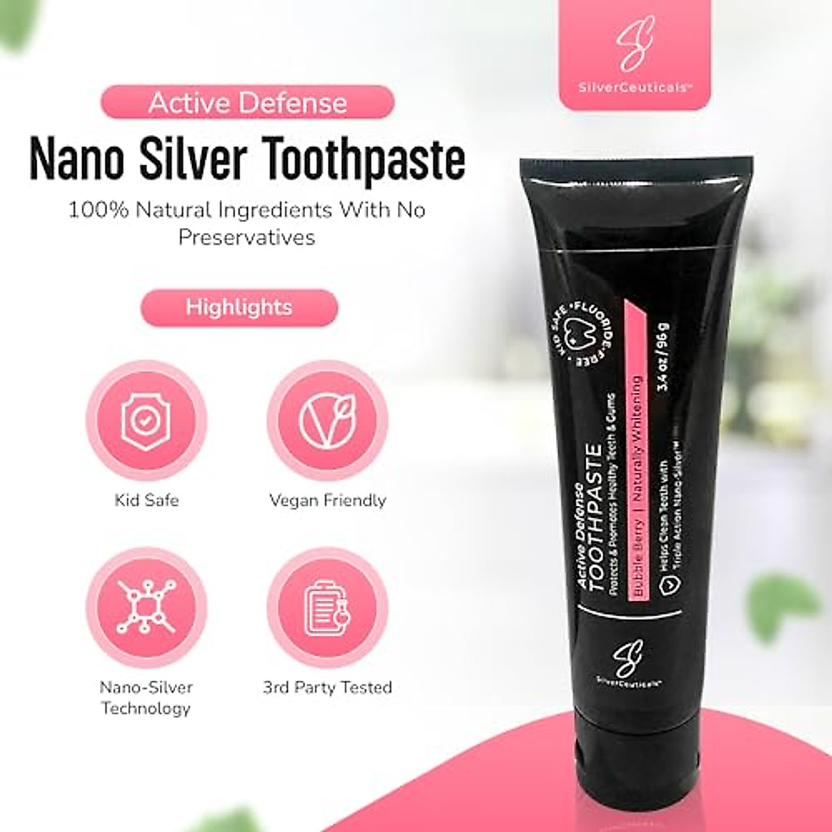 SilverCeuticals Toothpaste - Bubble Berry - Contains 25ppm Silver - Coral Calcium - Whitens - Kid Safe - Remineralizes - Whitening - Healthy Teeth & Gums - No Fluoride, SLS or Preservatives - 3.4oz