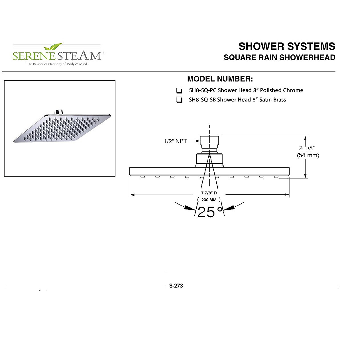 Luxury Ultra-Thin High Pressure 8'' Square Rainfall Shower head Brushed Satin Plus 8 inch Extension Arm Shower System and Accessories by Serene Steam