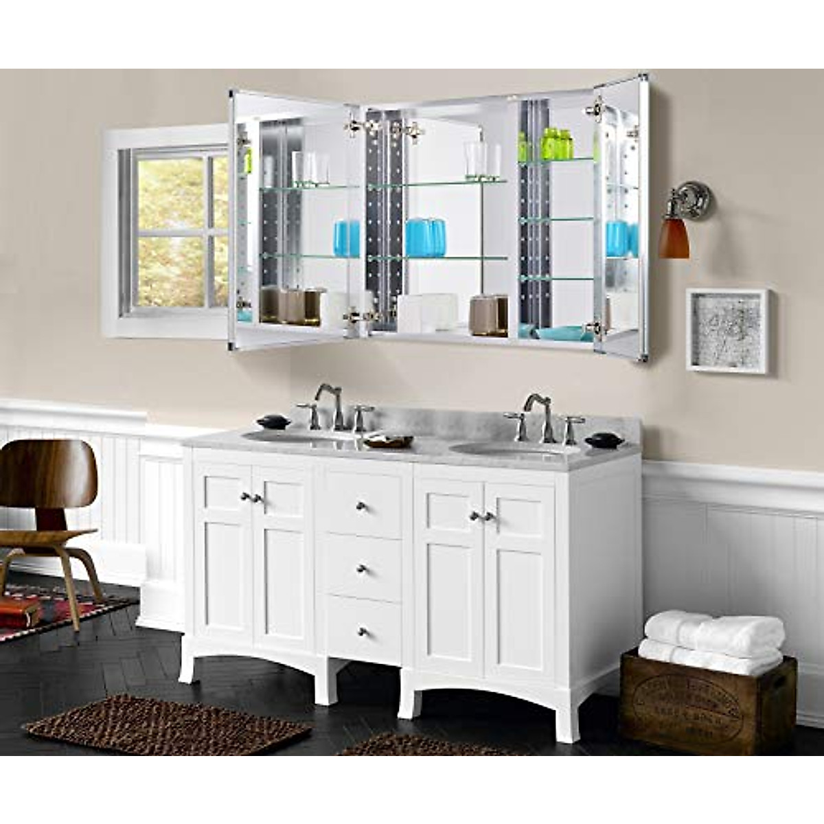 Utopia Alley Frameless Rustproof Medicine Cabinet - Surface Mount or Recessed Medicine Cabinet with Mirrored Sides, Bi-View- Bathroom Organizer Cabinet with Mirror & Storage Shelves - 30"x26" Silver