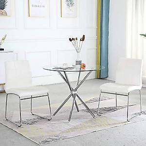 Modern Round Dining Table with Clear Tempered Glass Top, 4 Chrome Legs Kitchen Table for 2 or 4 Person,Round Dining Table Furniture for Home Office Kitchen Dining Room(W 35.4 x L 35.4 x H 29.5 inch)
