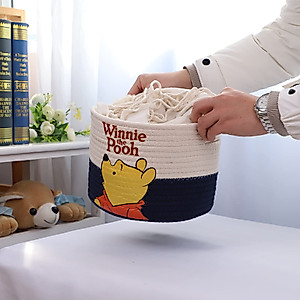 YAHUAN Cotton Rope Basket with Bear-Patterned Cotton Rope Storage Basket Collapsible Blanket Basket with Handles(blue white)