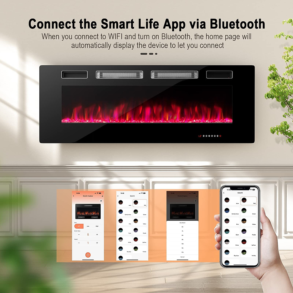 Tangkula 50 inches Electric Fireplace Insert, 3.19 Inches Ultra Thin Recessed & Wall Mounted 1400W Fireplace with Adjustable Flame Color & Speed, 12 H Timer,Remote Control,Touch Screen and WiFi App