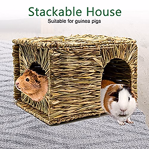 BWOGUE Large Grass House for Guinea Pigs,Hand Woven Straw Hut Foldable Small Animal Play Hideaway Bed with Double Openings Playhouse for Bunny Guinea Pig Chinchilla Ferret