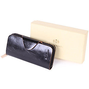 Borgasets RFID Blocking Large Capacity Wax Real Leather Clutch Wallet Card Holder Purse for Women, Black