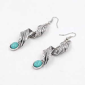CAFUDEYE Women Bohemian Tribal Antique Silver Leave Dangle Earrings Vintage Feather Turquoise Bead Drop Earrings Nickel Free