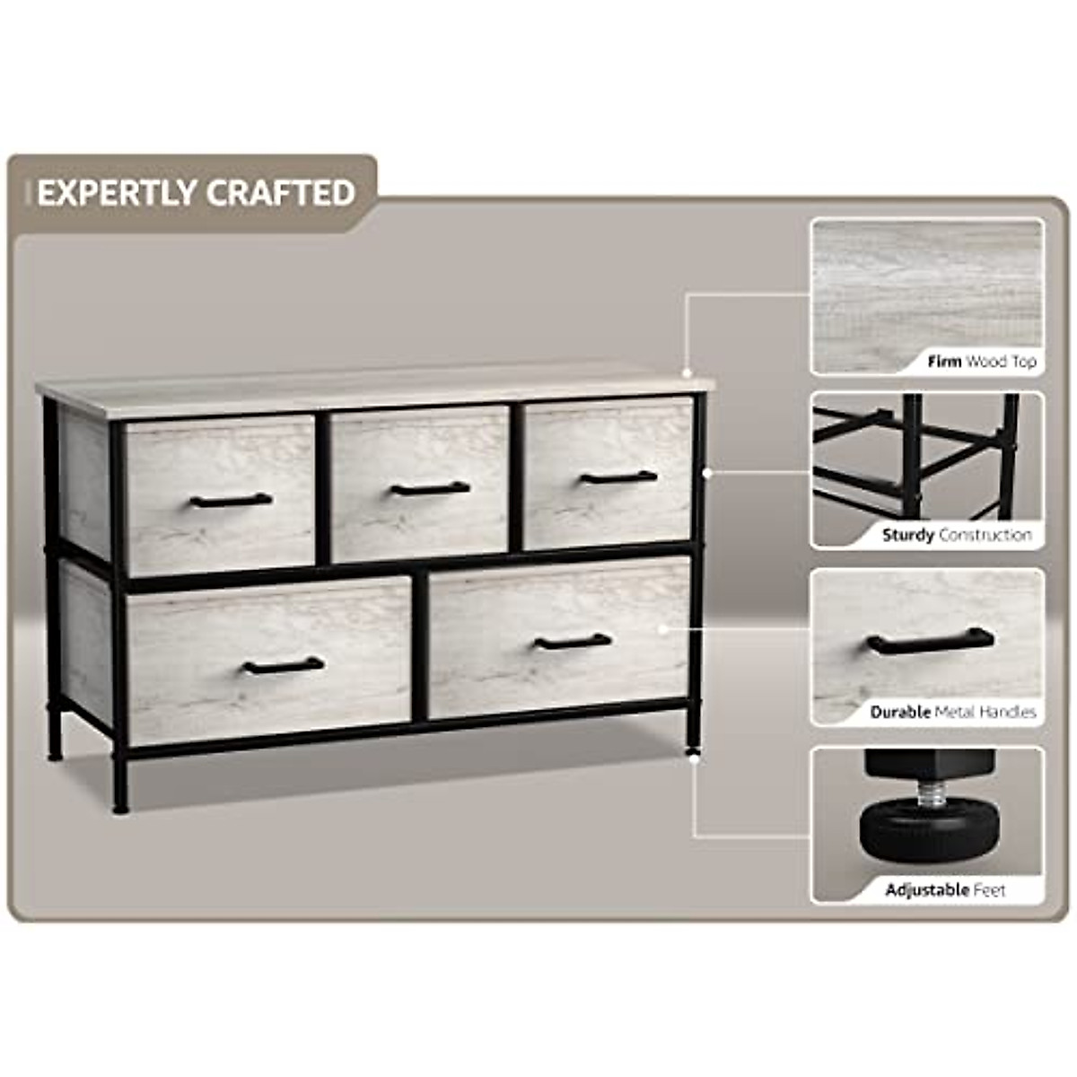 Sorbus Dresser with 5 Faux Wood Drawers - Storage Unit Organizer Chest for Clothes - Bedroom, Hallway, Living Room, Closet, & Dorm Furniture - Steel Frame, Wood Top, & Easy Pull Fabric Bins