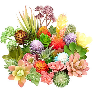 Jutom 32 Pieces Mini Artificial Succulents Unpotted Realistic Artificial Succulent Fake Plants Colorful Faux Succulents Small Cactus Plants for Garden Flower Kitchen Home Decor