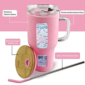 32 oz Glass Tumbler with Bamboo Mug 2 Straws & 2 Lids, Reusable Glass Water Bottles with Handle, Iced Coffee Cup with Silicone Sleeve, Boba and Drinking Straw Fits in Car Cup Holder BPA Free,Pink