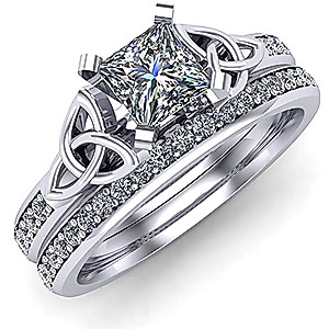 Engagement Ring for Women Bridal Ring Set 1-2/5 ct. tw. Princess Cut Moissanite Engagement Ring Set 10K Gold Celtic Wedding Ring Set for Her Anniversary Promise Rings