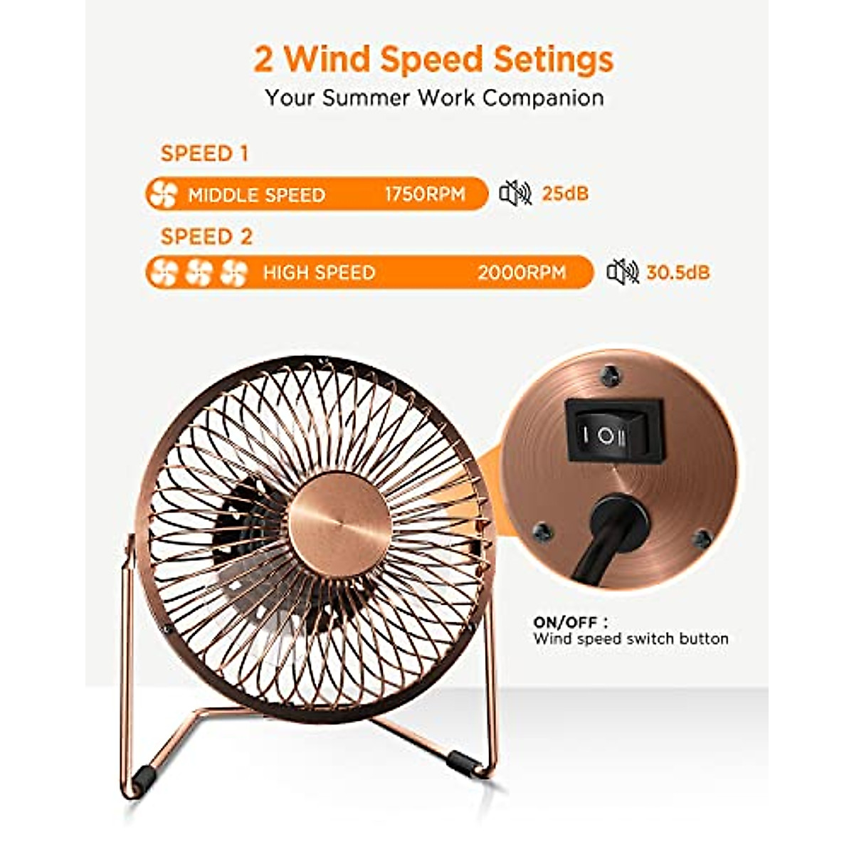 EasyAcc 6 Inch USB Desk Fan,Small and Quiet,Powerful USB Powered Portable Fan,Strong Airflow,Mini Metal USB Fan,360°Rotation,Personal Cooling Fan with 2 Speed for Home Office,Bronze(USB POWERED ONLY)