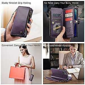 Defencase iPhone 12/12 Pro Case, RFID Blocking iPhone 12 Wallet Case for Women Men with Card Holder, Zipper Pocket Magnetic Flip PU Leather Strap Protective Cover for iPhone 12/Pro Phone Case, Purple