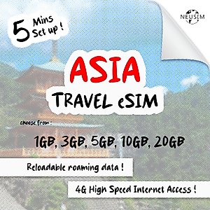 Generic NeuSIM Asia eSIM 3GB for 30 Days - 10 Destinations | Same Day DELIVERY! (4G/5G Speed, No Mobile Number, No Registration Required)