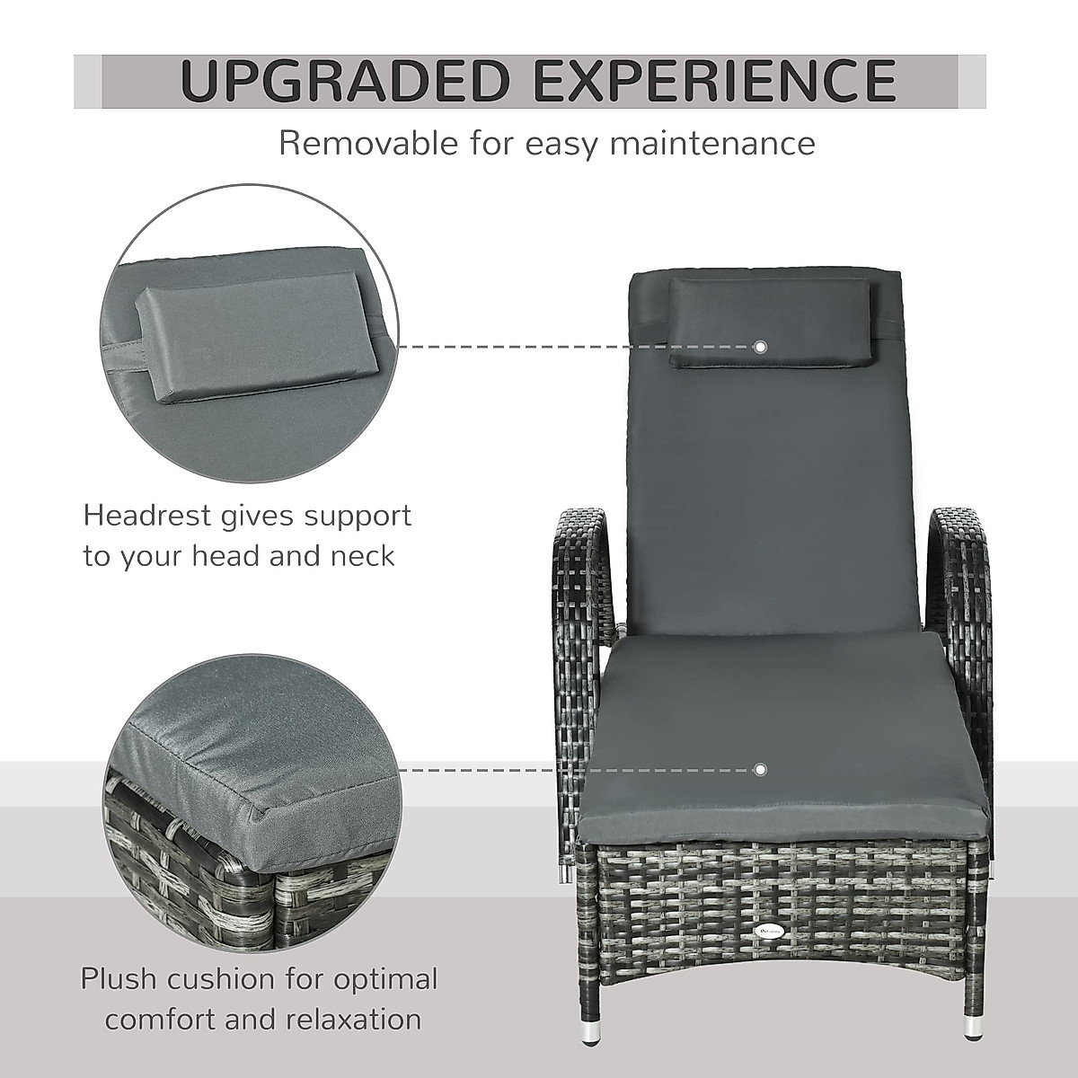 Outsunny Wicker Outdoor Chaise Lounge Set of 2, 5-Level Adjustable Backrest PE Rattan Pool Lounge Chair with Wheels, Cushion & Headrest, Mixed Gray and Charcoal Gray