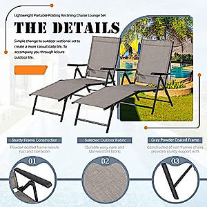 Shintenchi Outdoor Patio Chaise Lounge Chair Set of 2,Adjustable Folding Recliner Chair, Lightweight Portable Patio Lounger Chair for Pool,Deck,Beach,Yard