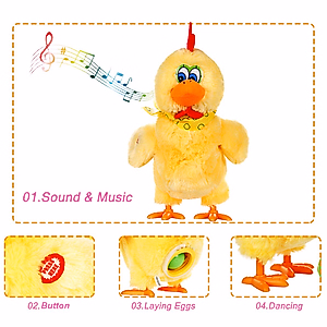 Plush Chicken Laying Eggs Toy Electric Stuffed Animal Crazy Chick Doll with Sound Music for Boys Girls (29.05cm)