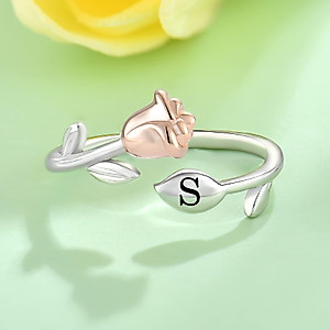 STARCHENIE Rose Initial Ring for Women 925 Sterling Silver Letter S Alphabet Adjustable Ring Size 7