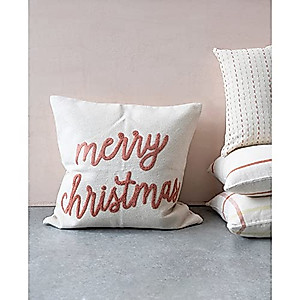 Creative Co-Op Square Cotton Pillow with "Merry Christmas" Embroidery, Cream and Sienna