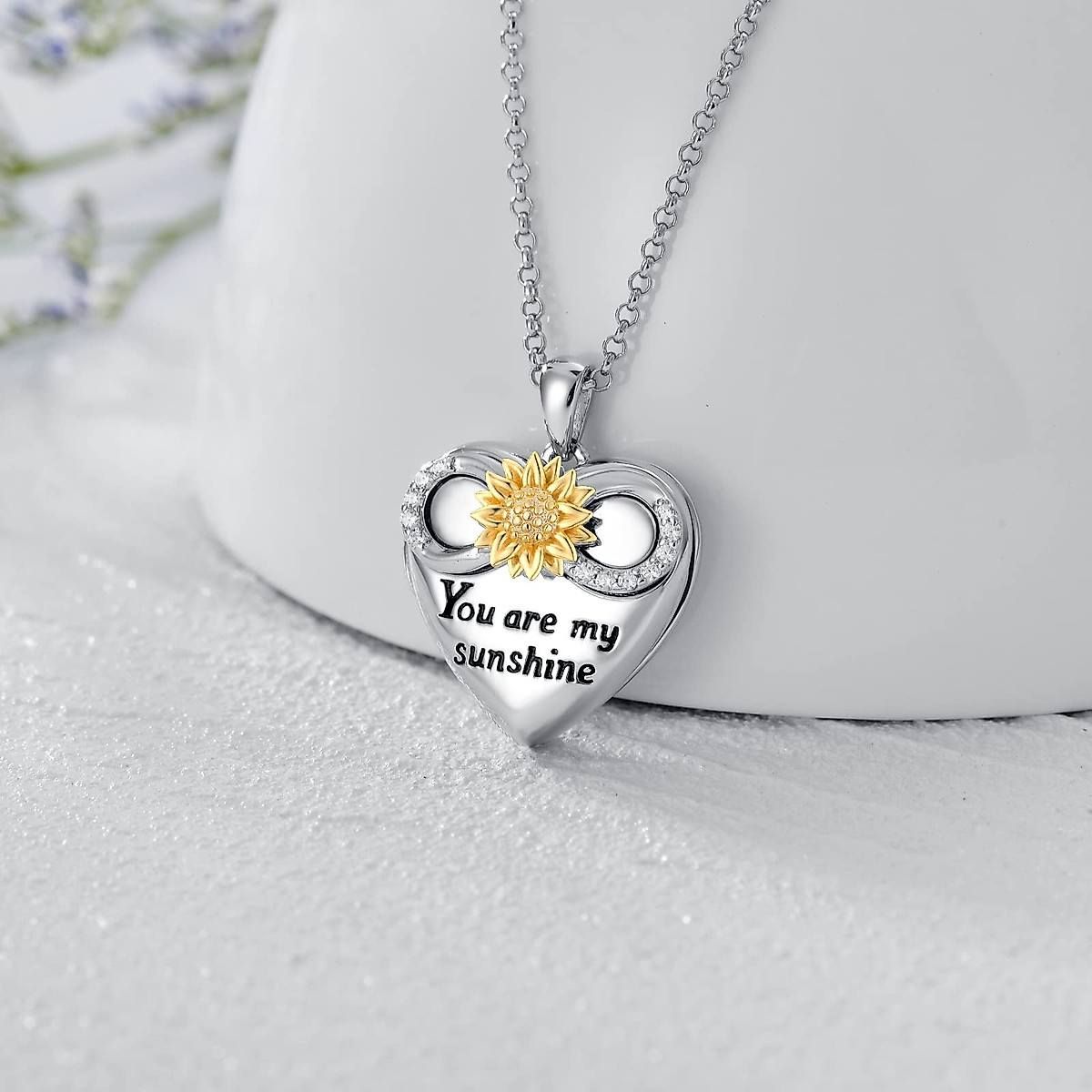 SOULMEET Personalized 10k 14k 18k Solid White Gold Infinity Sunflower Locket Necklace That Holds 1 Picture Photo Heart Locket Necklace, You Are My Sunshine&quot; (Custom photo)